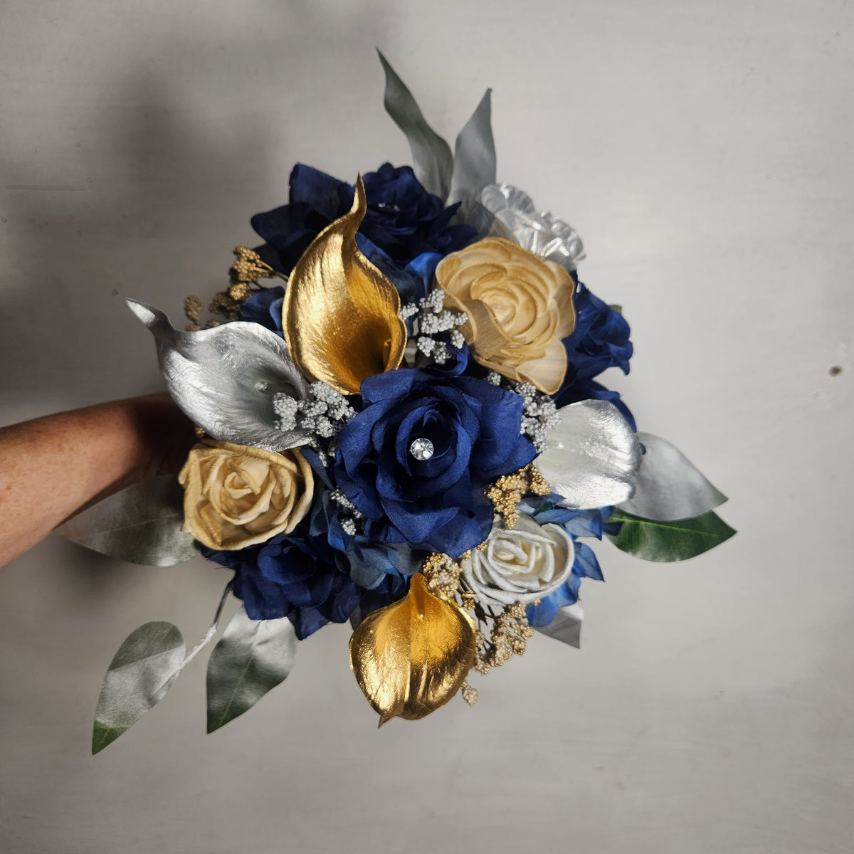 Navy Blue Silver Gold Rose Calla Lily Sola Wood Bridal Wedding Bouquet ...
