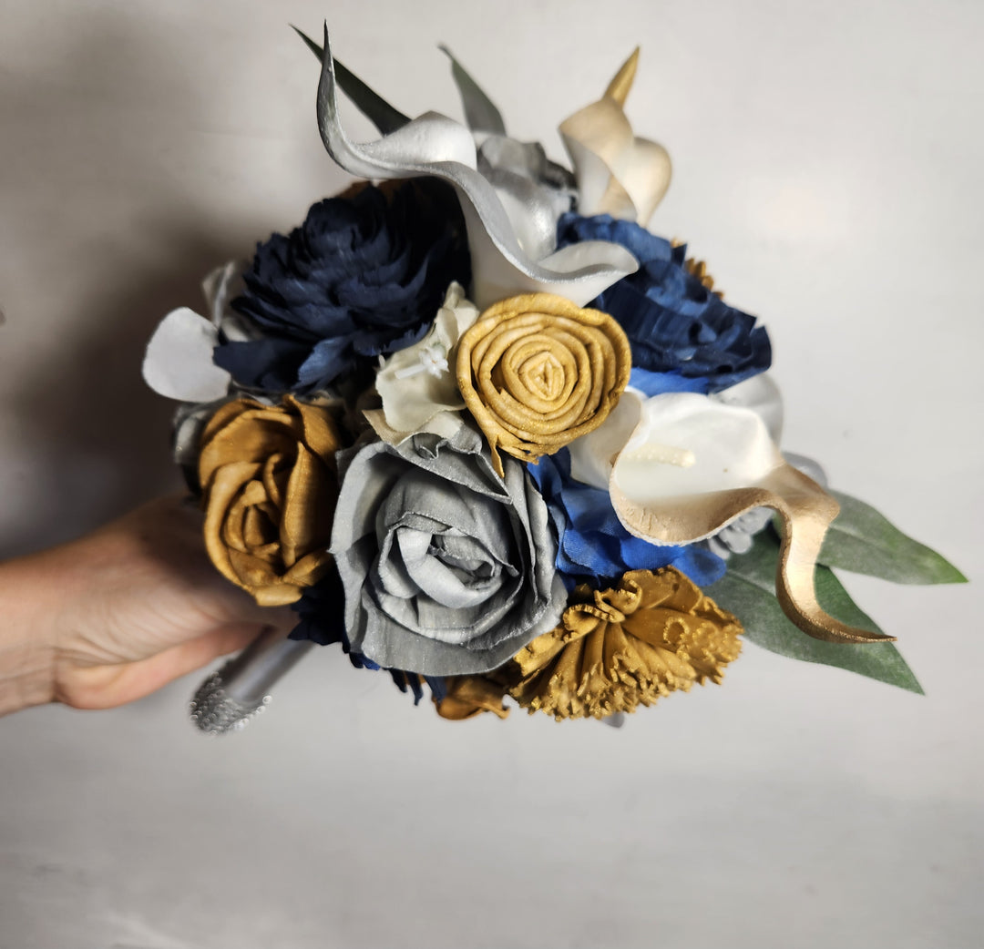 Navy Blue Silver Gold Rose Calla Lily Sola Wood Bridal Wedding Bouquet ...