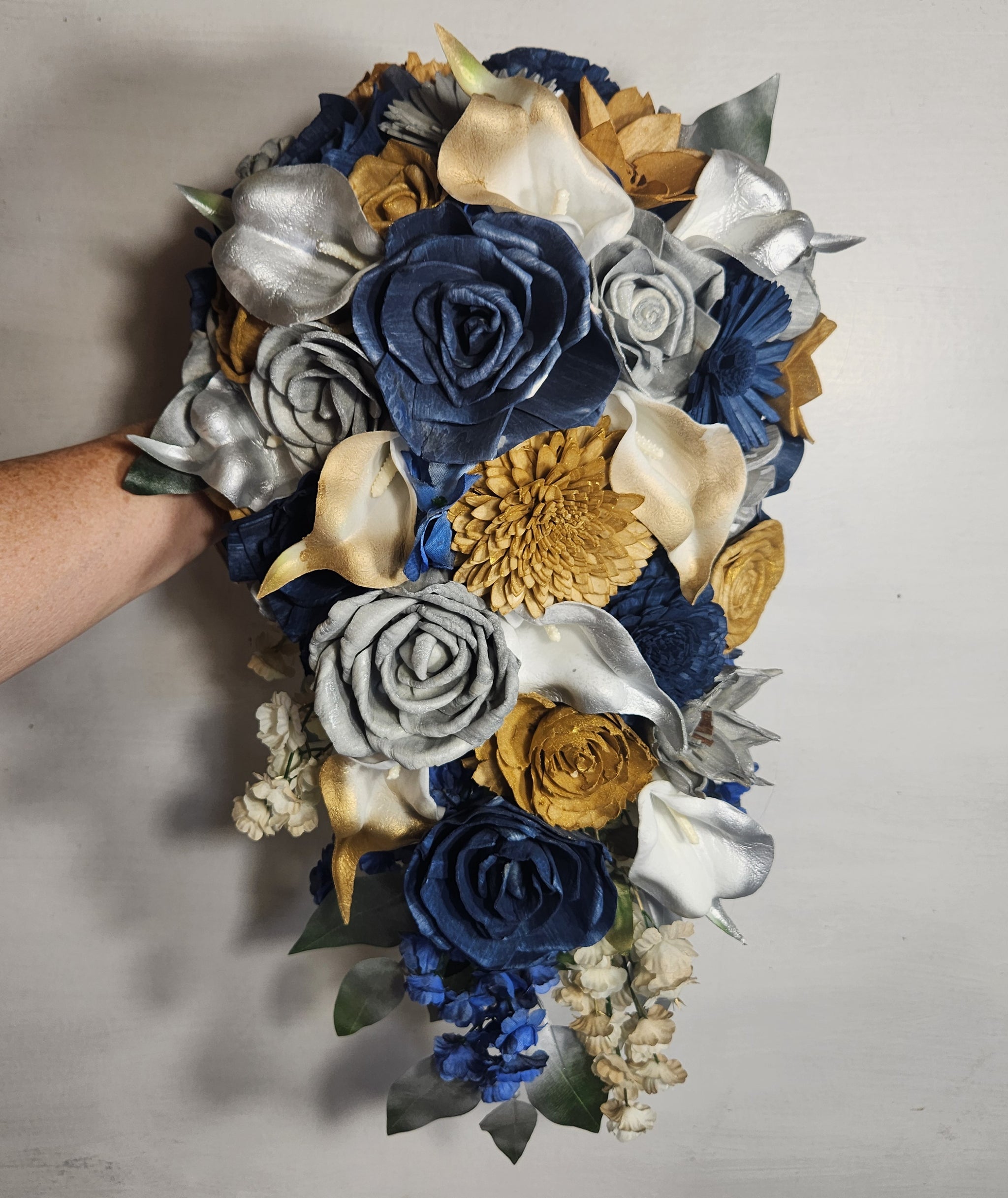 Navy Blue Silver Gold Rose Calla Lily Sola Wood Bridal Wedding Bouquet ...