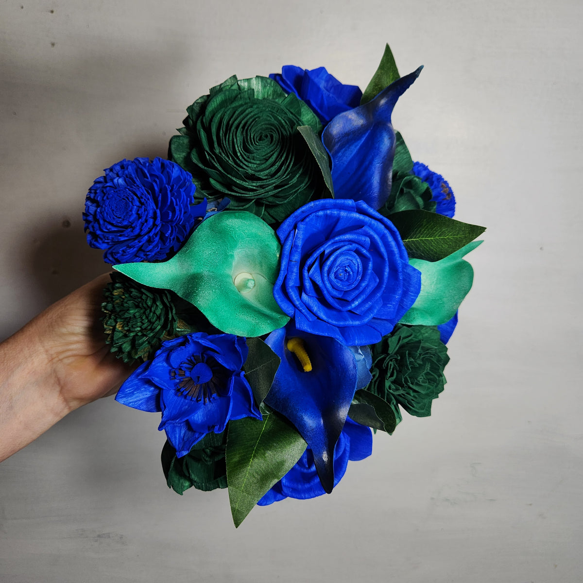 Royal Blue Hunter Green Rose Calla Lily Sola Bridal Wedding Bouquet Ac ...